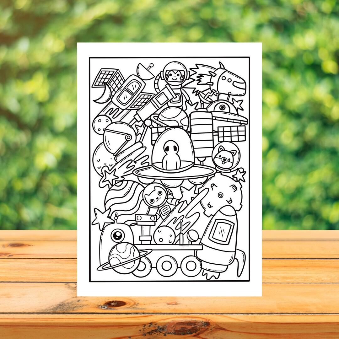 SPACE Cute Doodle Coloring Page, Stars Digital Adult Coloring Print ...