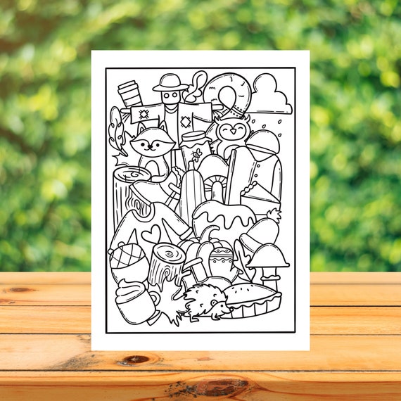 FALL Cute Doodle Coloring Page Autumn Digital Adult Coloring - Etsy