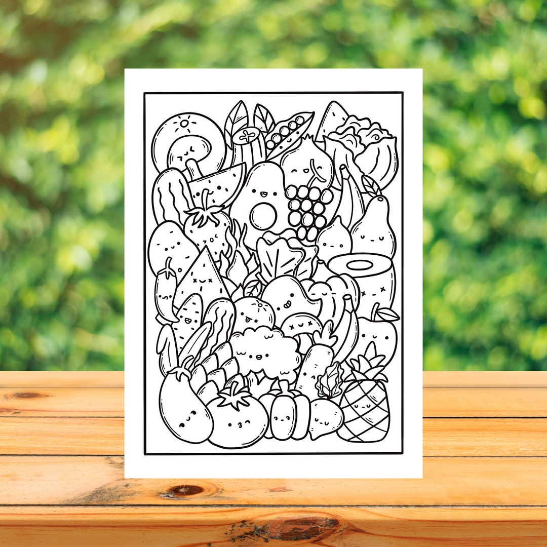 VEGAN Cute Doodle Coloring Page, VEGETABLE Digital Adult Coloring Print ...
