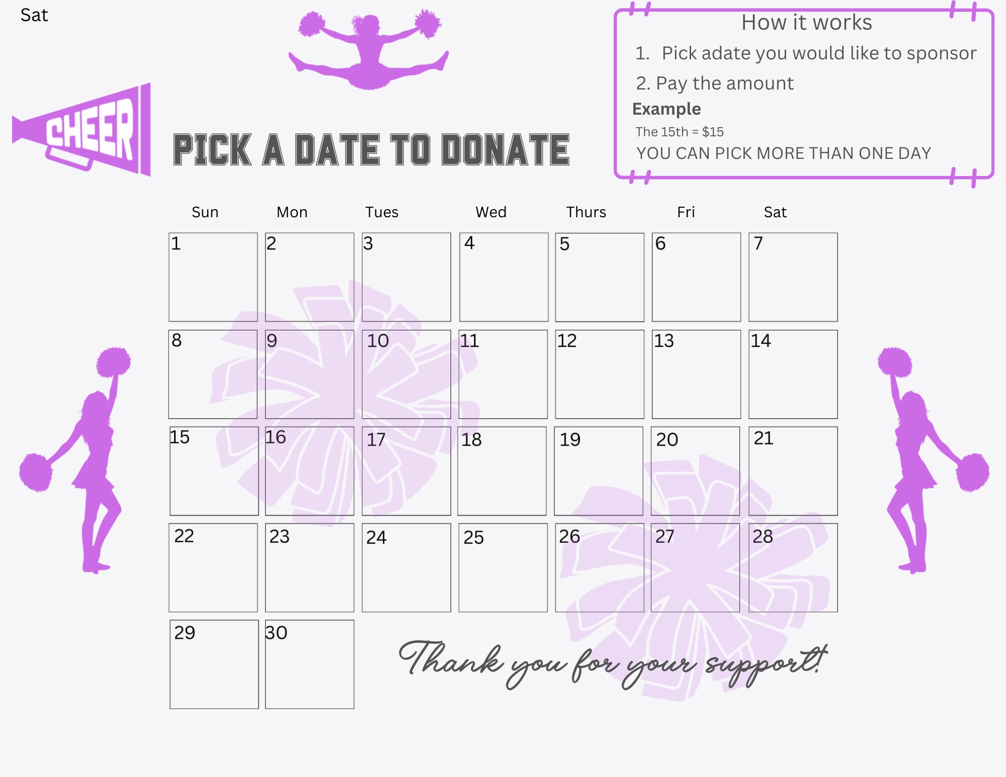 Cheerleader Sponsor Calendar Template Editable Cheer Pick a - Etsy