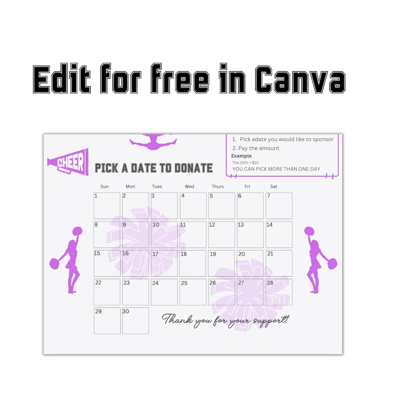 Cheerleader Sponsor Calendar Template Editable Cheer Pick a - Etsy