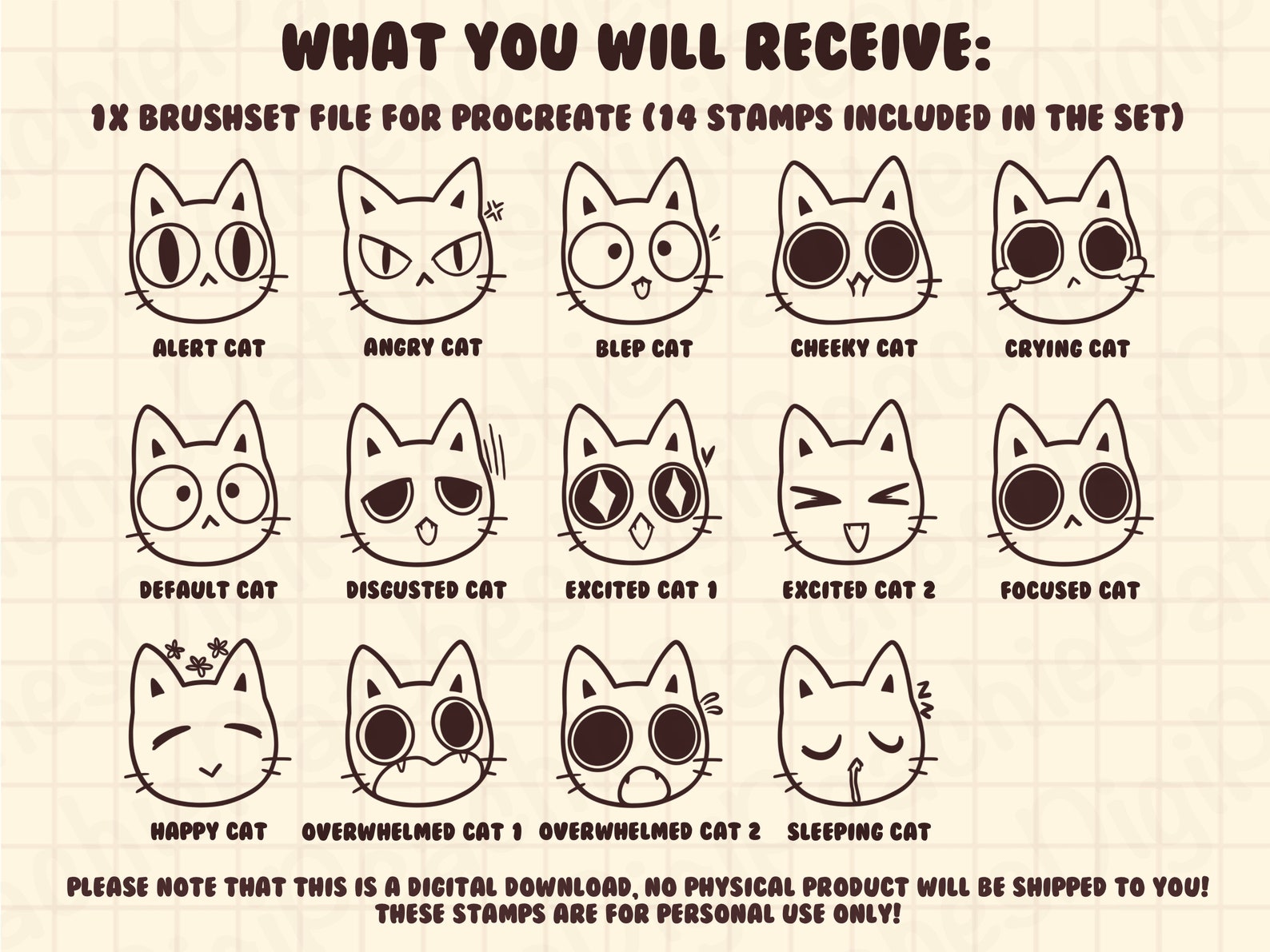 14 Cat Procreate Stamps. Cute Handrawn Brush Set for iPad Iphone ...