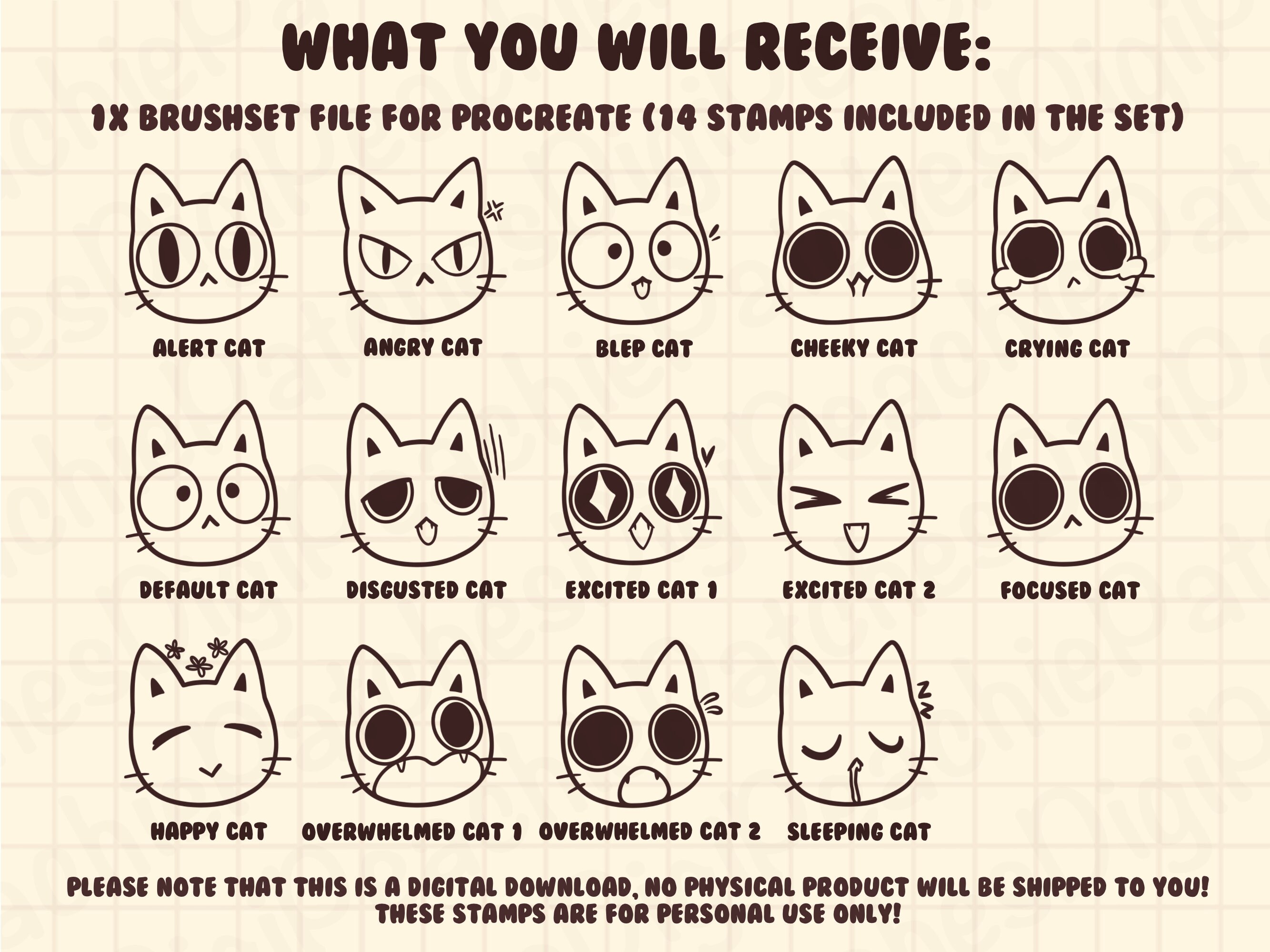 14 Cat Procreate Stamps. Cute Handrawn Brush Set for iPad Iphone ...