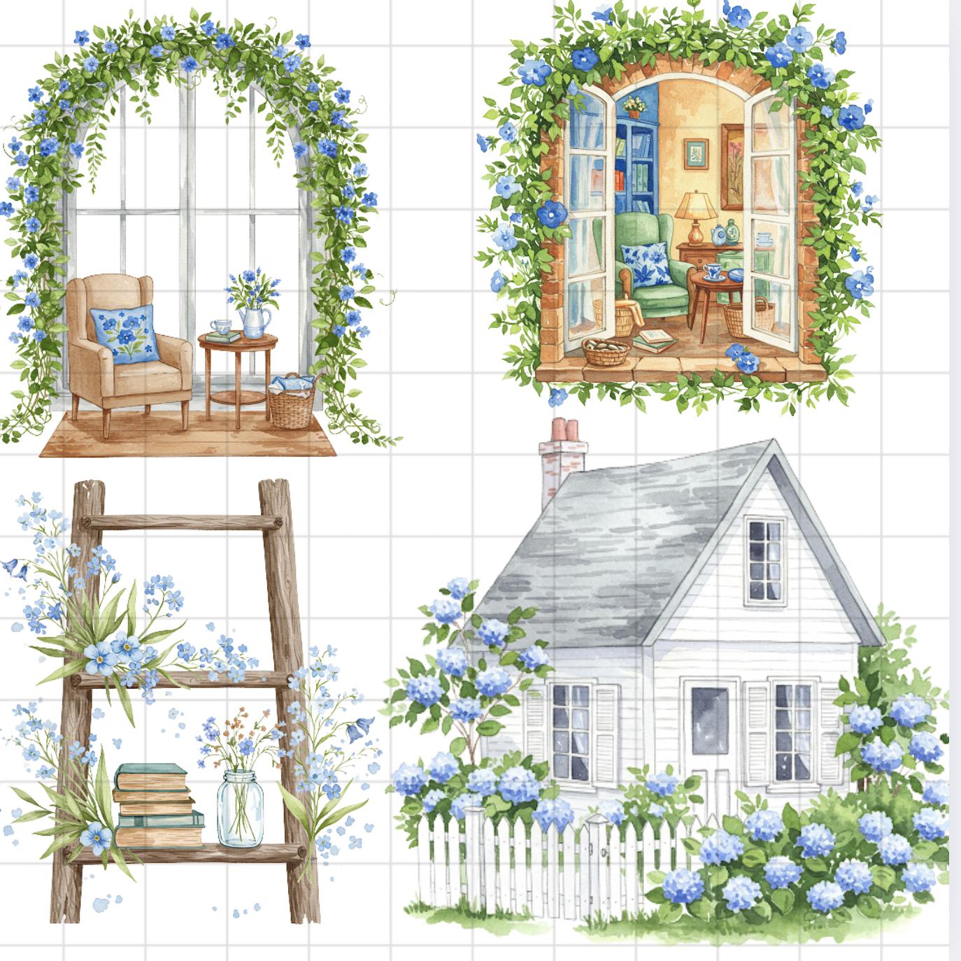 Watercolor Summer Clipart, Blue Cottagecore Clipart Summer Floral for ...