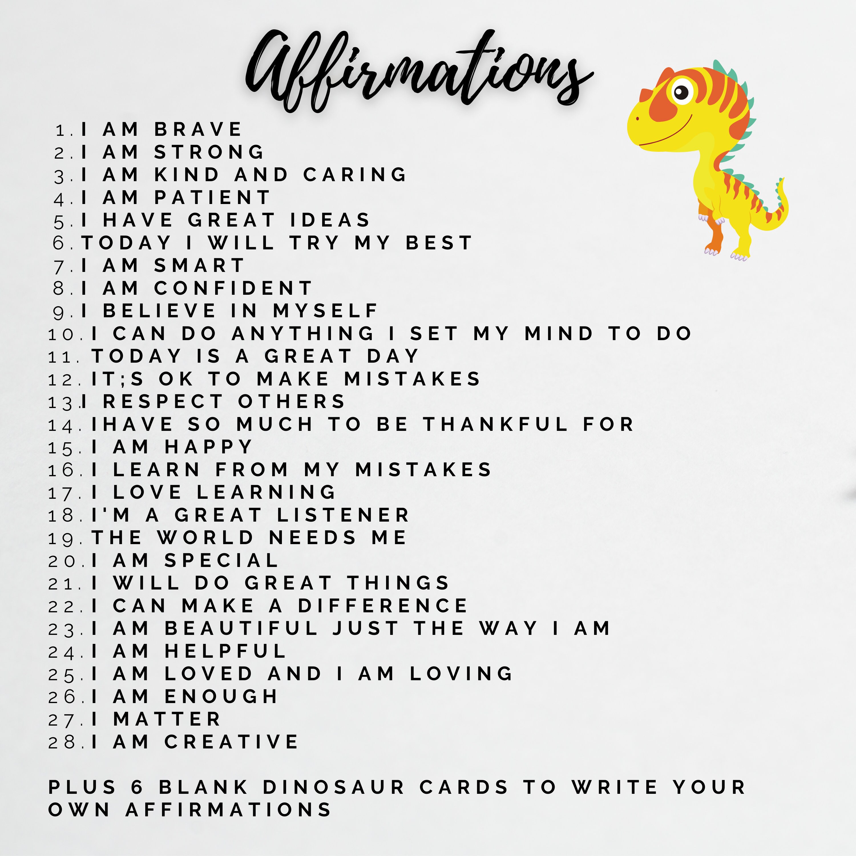Printable Affirmation Cards for Kids, 28 Dinosaur Encouragement Cards ...