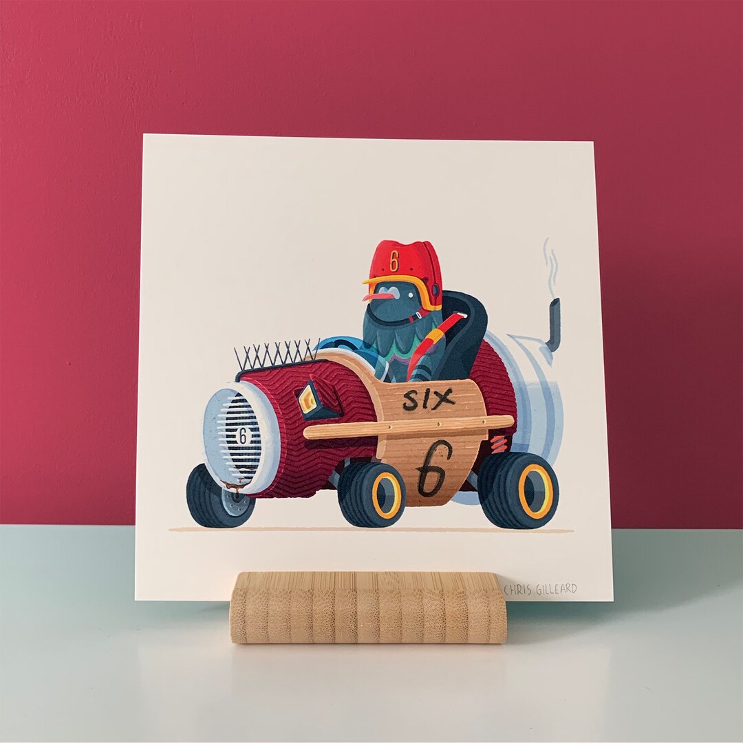 Pigeon Race Car Art Print: Funny Animal Illustration, Kids Wall Decor ...