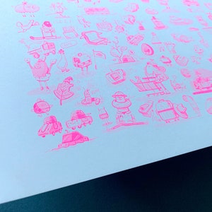 Riso Doodles A3 | Risograph Print, Fluorescent Pink, Hand-drawn ...