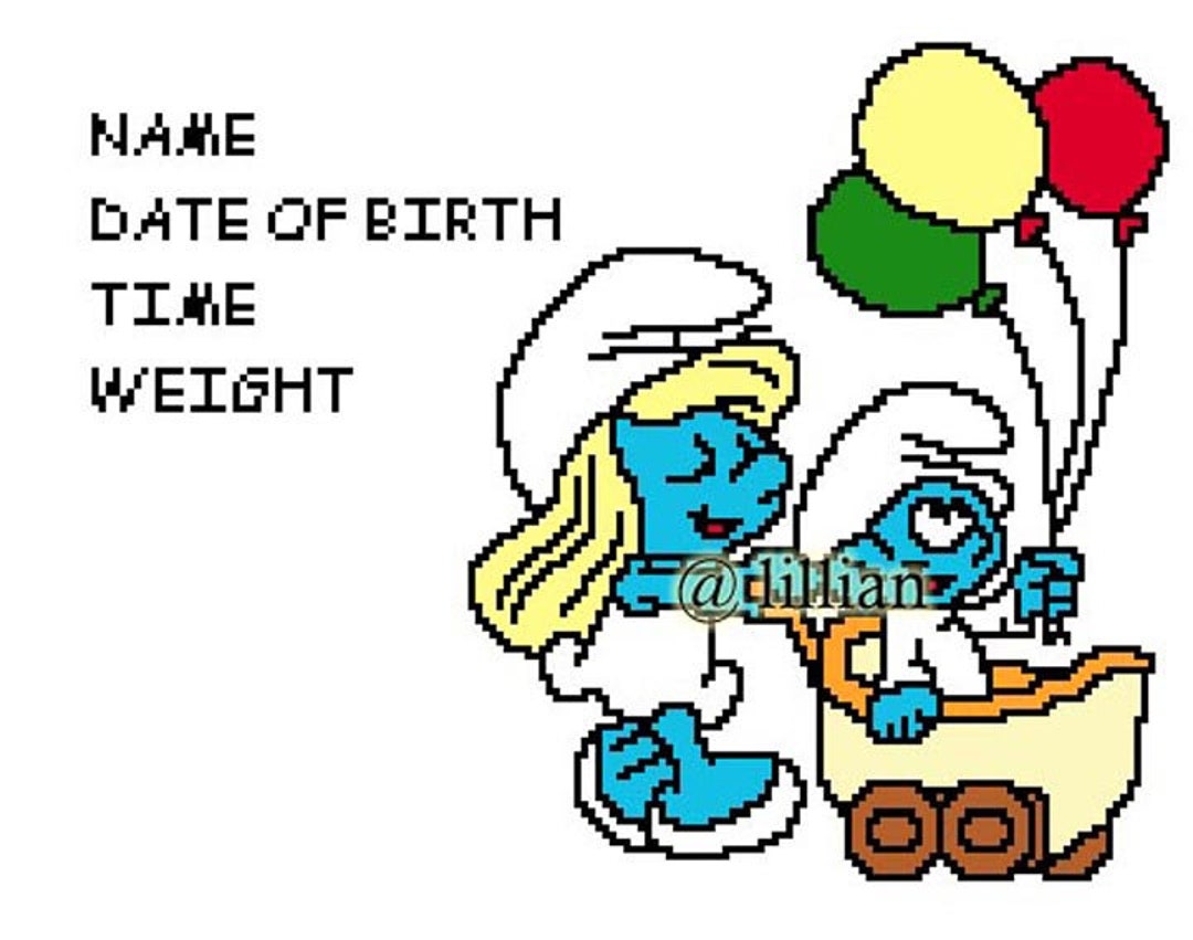 PDF Baby Smurf Smurfs SMURFETTE Birth ANNOUNCEMENT Counted Cross Stitch ...
