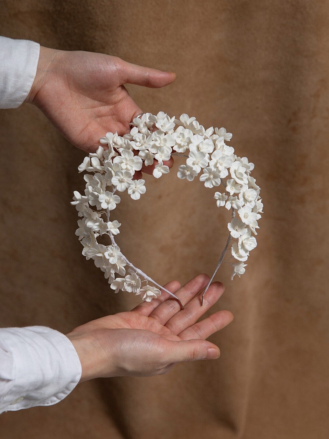 Clay White Floral Bridal Headband, Clay&pearl Crown, Floral Bride ...