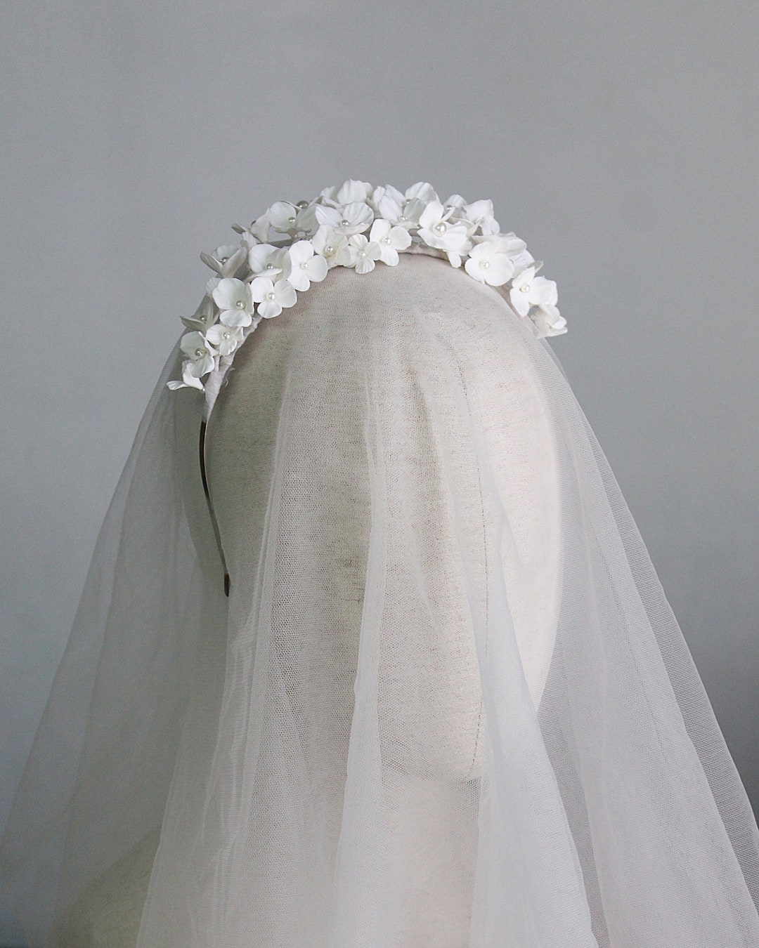 Clay&pearl Crown, Clay White Floral Bridal Headband, Clay Flowers Tiara ...