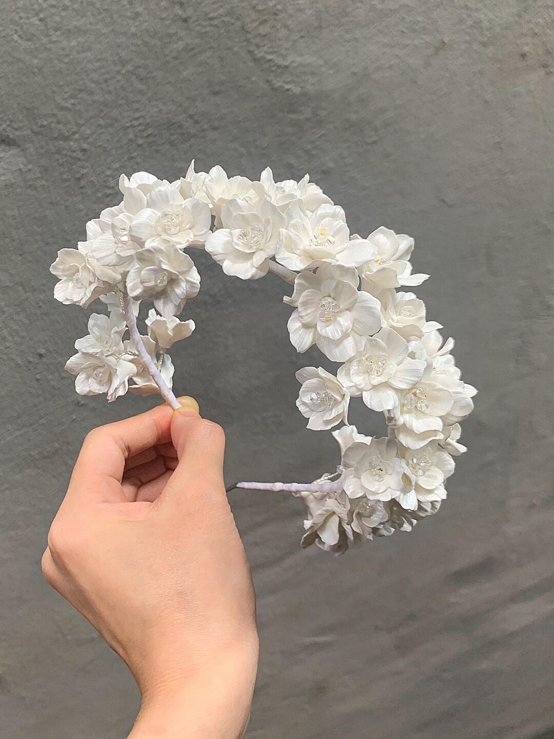 Clay&pearl Crown, Clay White Floral Bridal Headband, Floral Bride ...