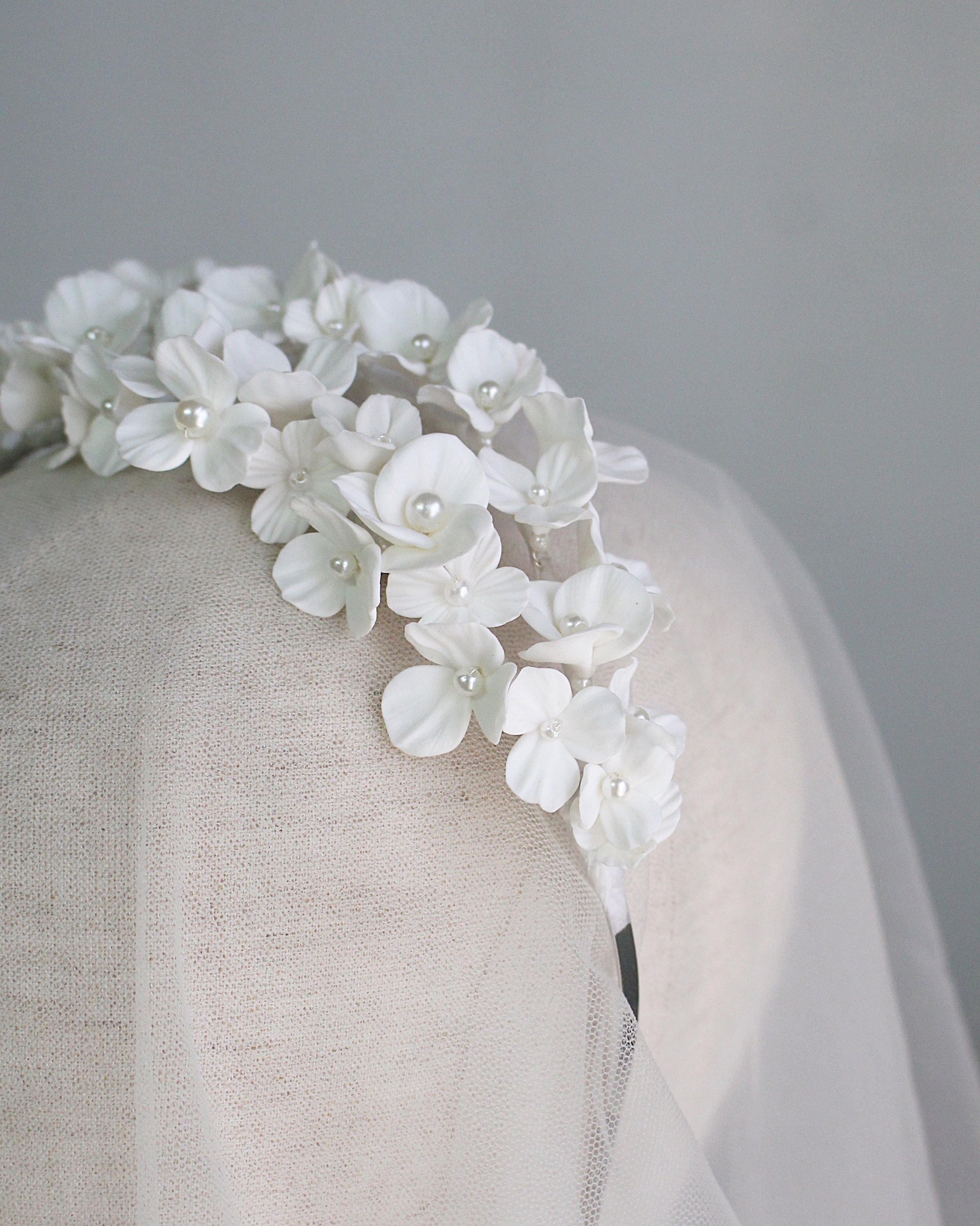 Clay&pearl Crown, Clay White Floral Bridal Headband, Clay Flowers Tiara ...