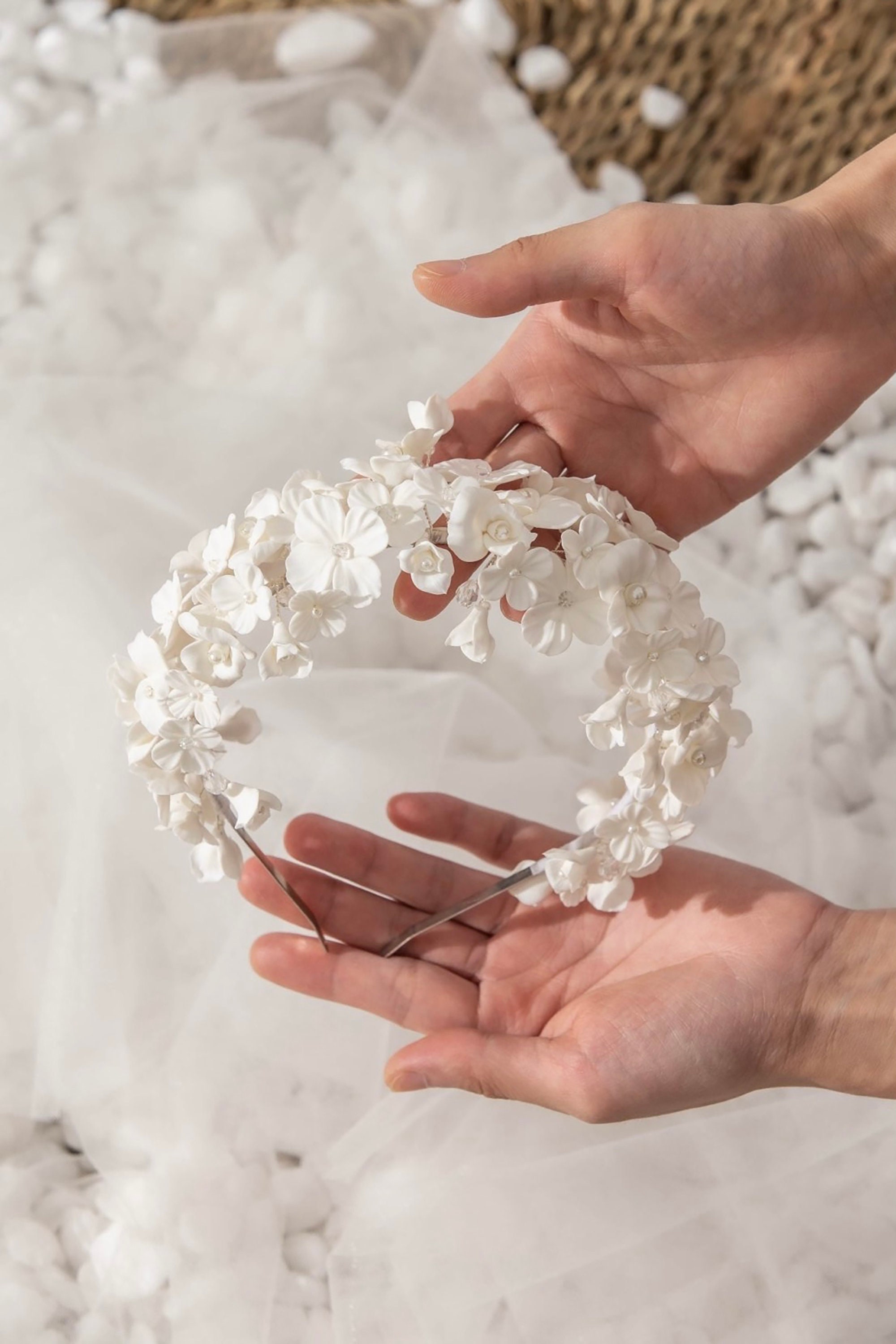 Clay&pearl Crown, Clay White Floral Bridal Headband, Clay Flowers Tiara ...