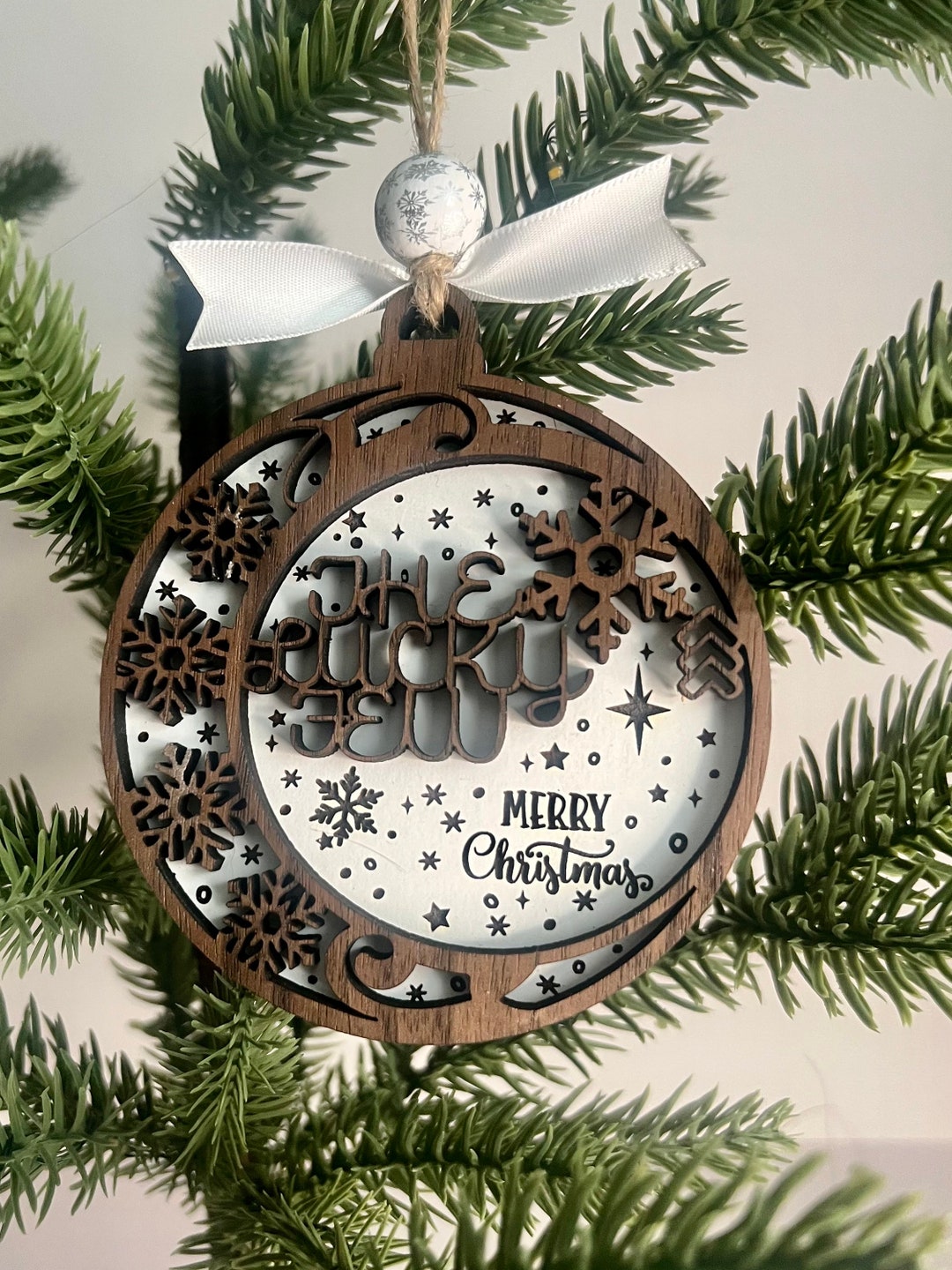 Walnut and Engraved Hardboard the Lucky Few Snow Flake Ornament Down ...