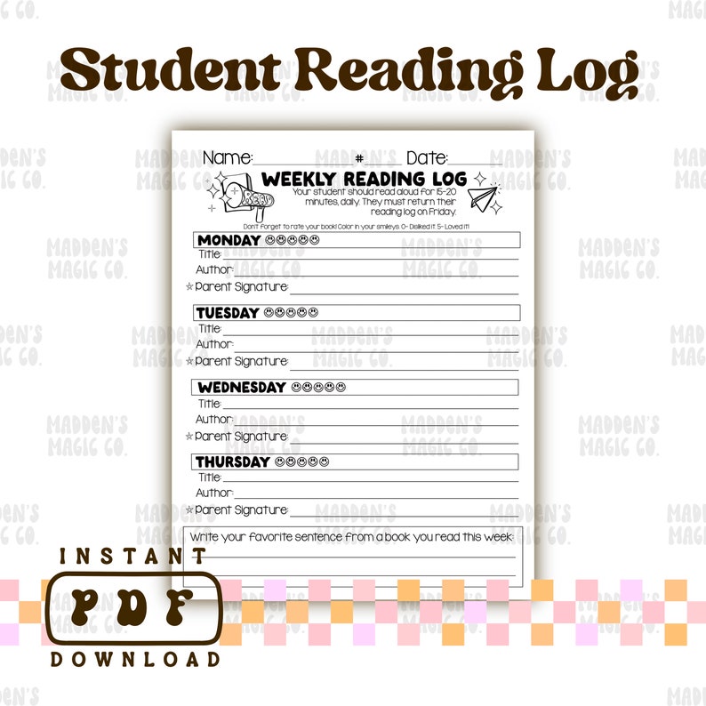 Printable Student Reading Log, Classroom Printable, Weekly Reading Log ...