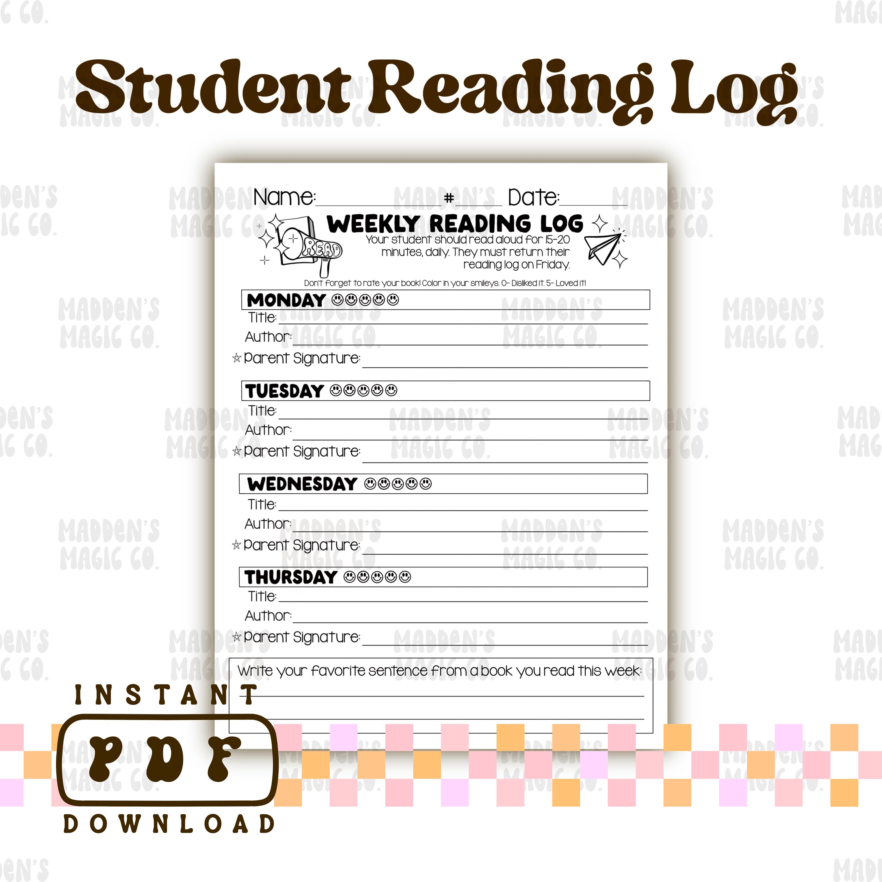 Printable Student Reading Log, Classroom Printable, Weekly Reading Log ...