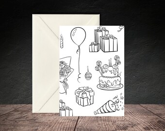 PRINTABLE Happy Birthday Coloring Card, Gift Birthday Card, Birthday ...