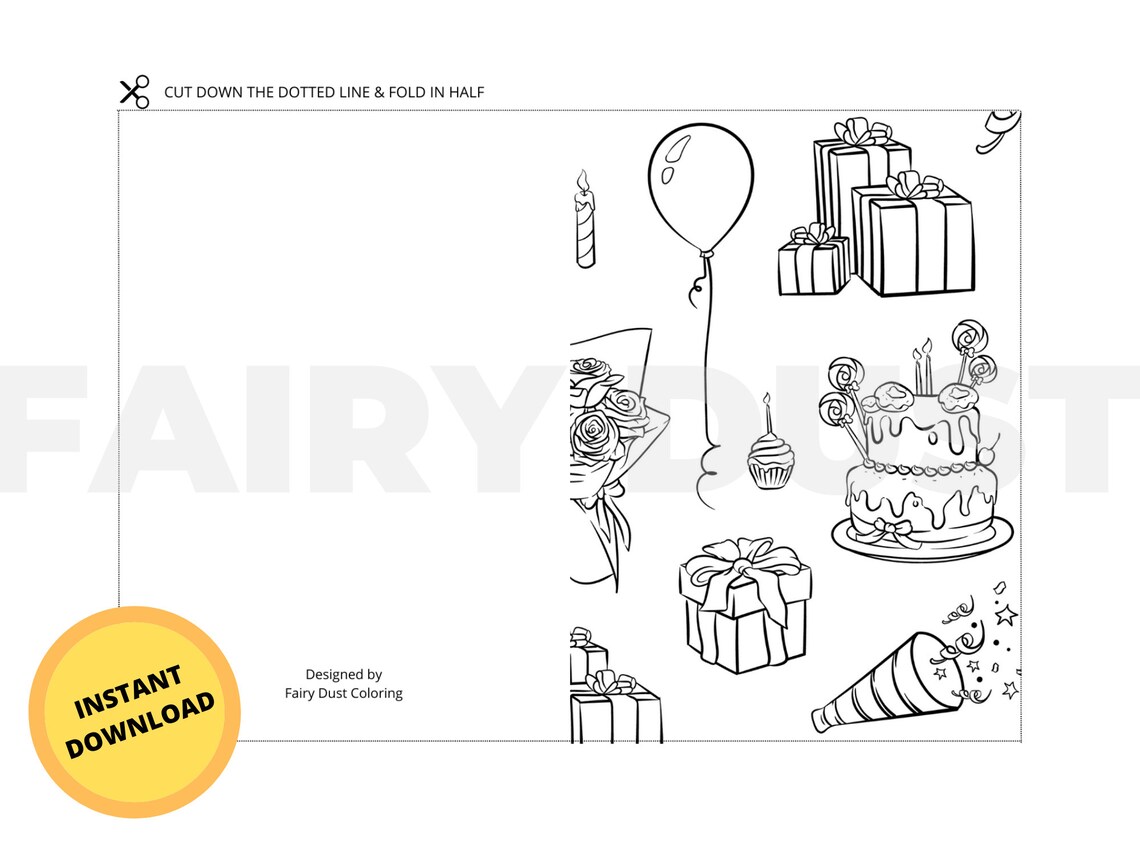 Happy Birthday Printable Coloring Card, Gift Birthday Card, Birthday ...