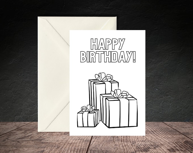 Printable Coloring Happy Birthday Cards for Adults, Digital Colouring ...