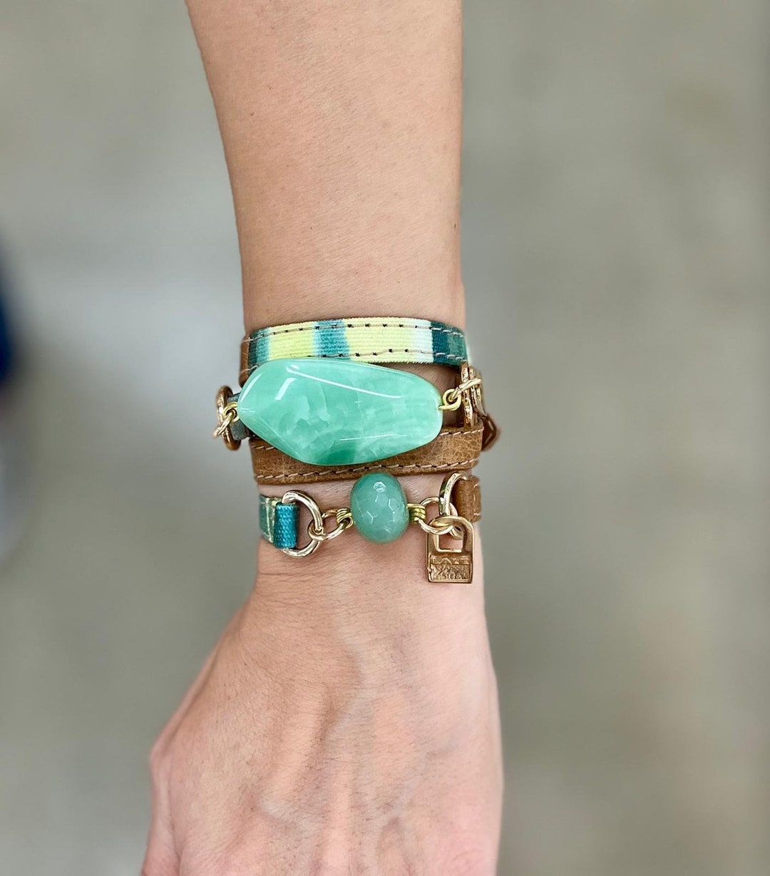 Premium Italian Camel Leather Bracelet With Yellow-green Striped Fabric ...