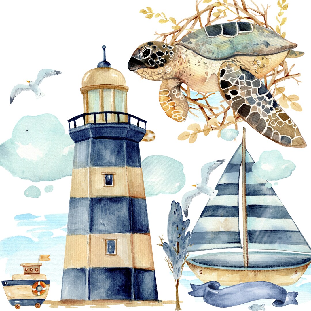 3 Posters A4 Format Ocean Nursery Sea Pattern. Turtle, Ship and ...