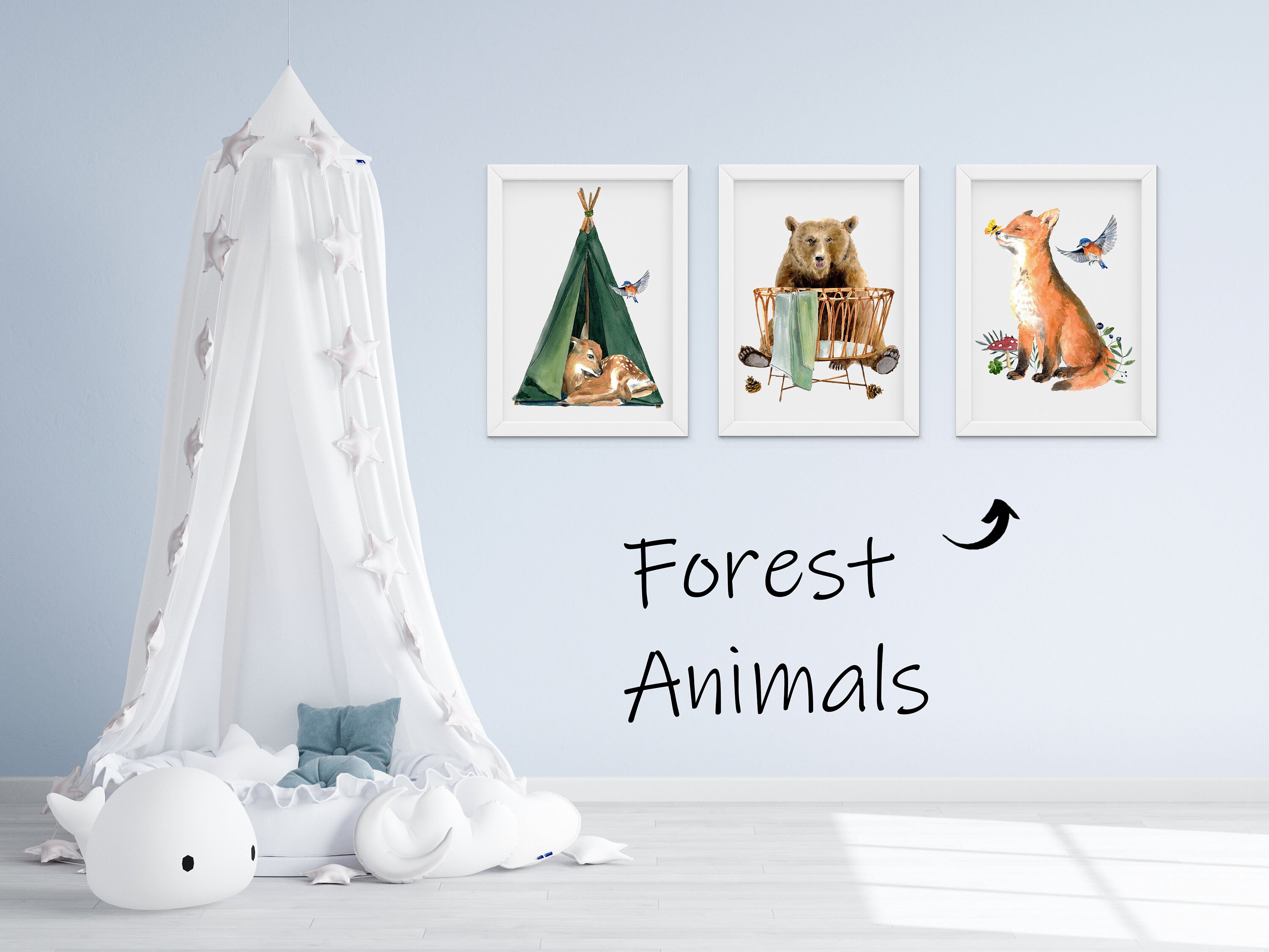 3 Posters A4 or A3 Forest Animals Design Roe Deer, Fox and Bear in the ...