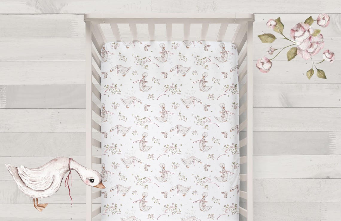 Goose and Bunny Cotton Fitted Crib Sheet for Little Girl. Unique ...