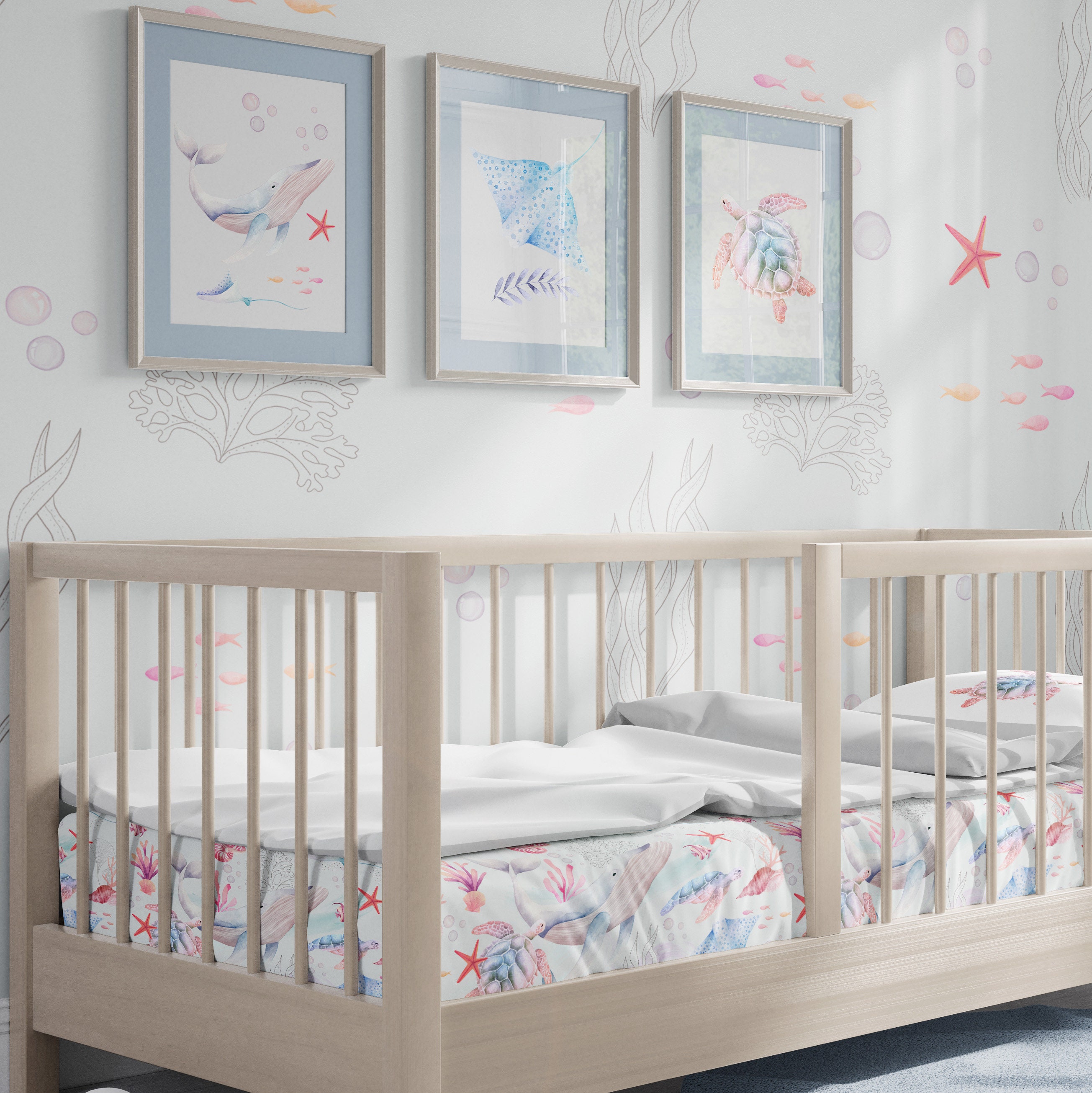 Fitted Crib Sheet for Newborn, Toddler. Ocean Pattern: Whale Turtle ...