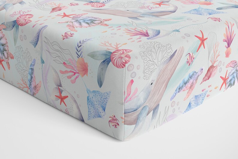 Fitted Crib Sheet for Newborn, Toddler. Ocean Pattern: Whale Turtle ...