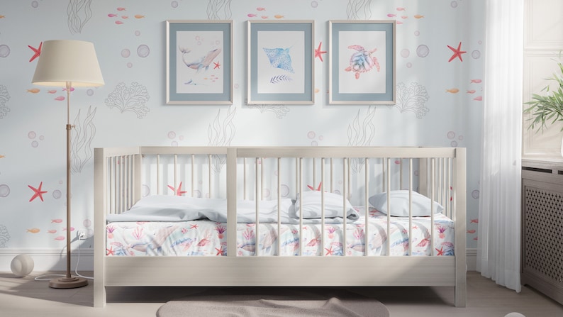 Fitted Crib Sheet for Newborn, Toddler. Ocean Pattern: Whale Turtle ...