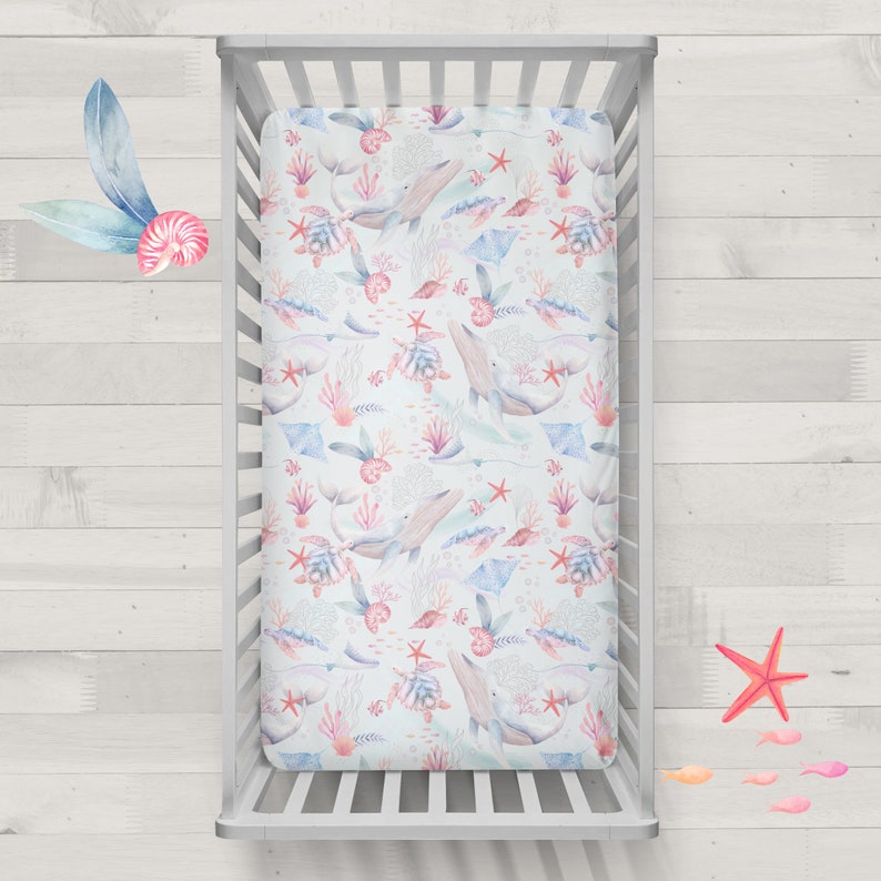 Fitted Crib Sheet for Newborn, Toddler. Ocean Pattern: Whale Turtle ...