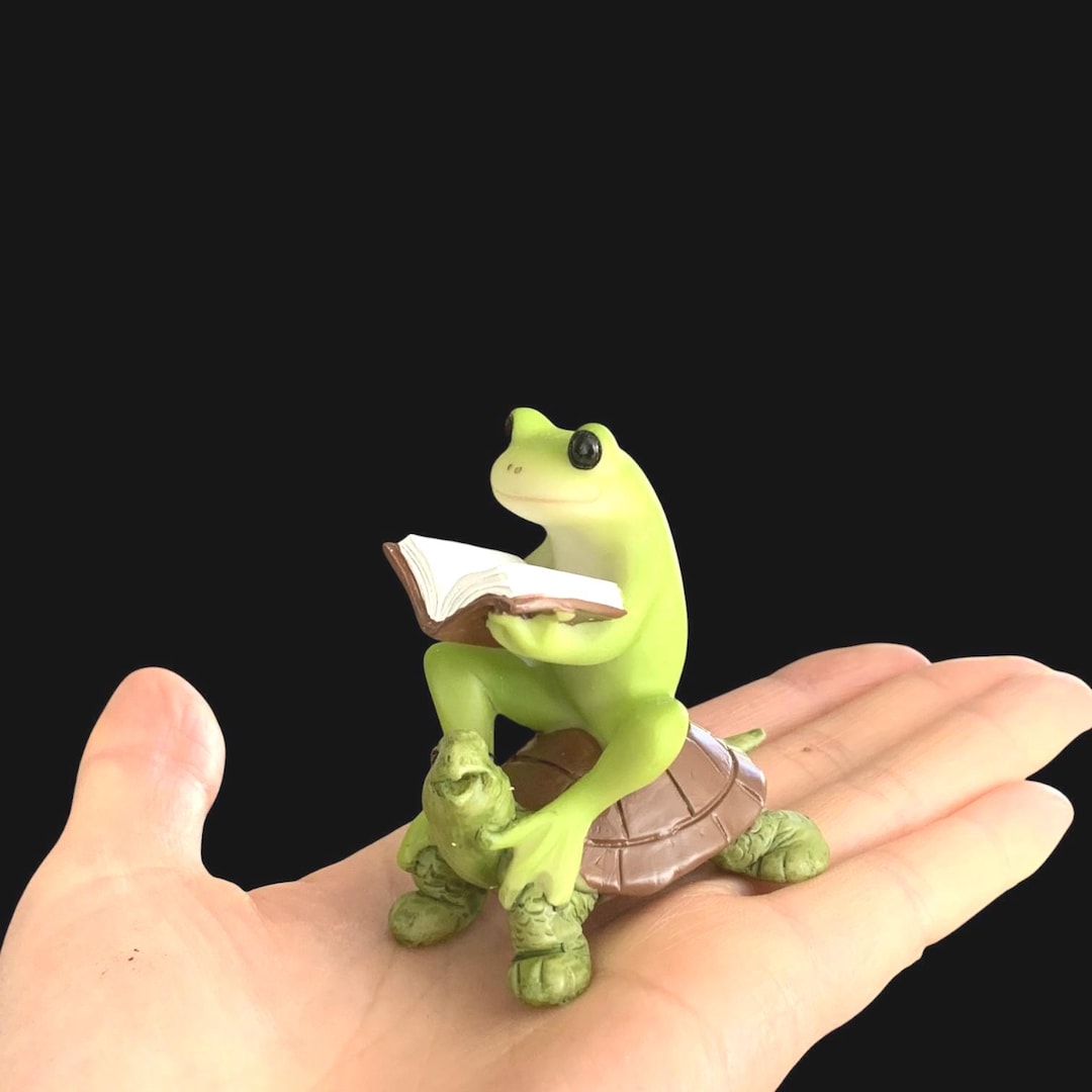 Mini Reading Frog on Turtle, Frog Reading Book on Turtle, Garden Statue ...