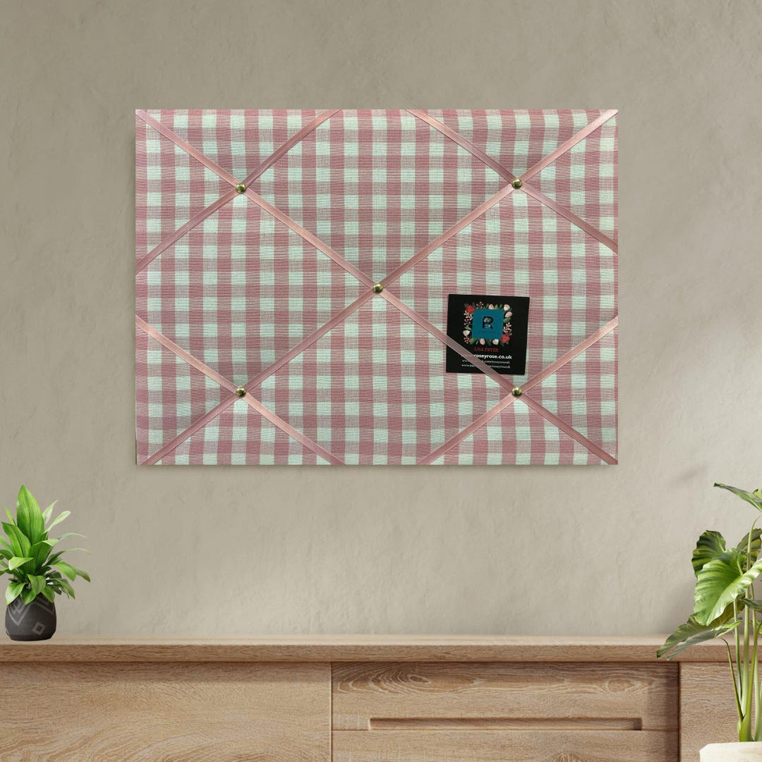Pink & White Gingham Lightly Padded Fabric Notice Bulletin Memo Board ...