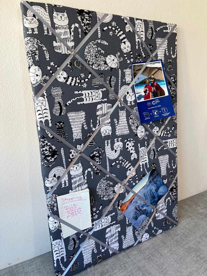 Cute Cartoon Cat Fabric Notice Board in Dark Grey – Personalised French ...