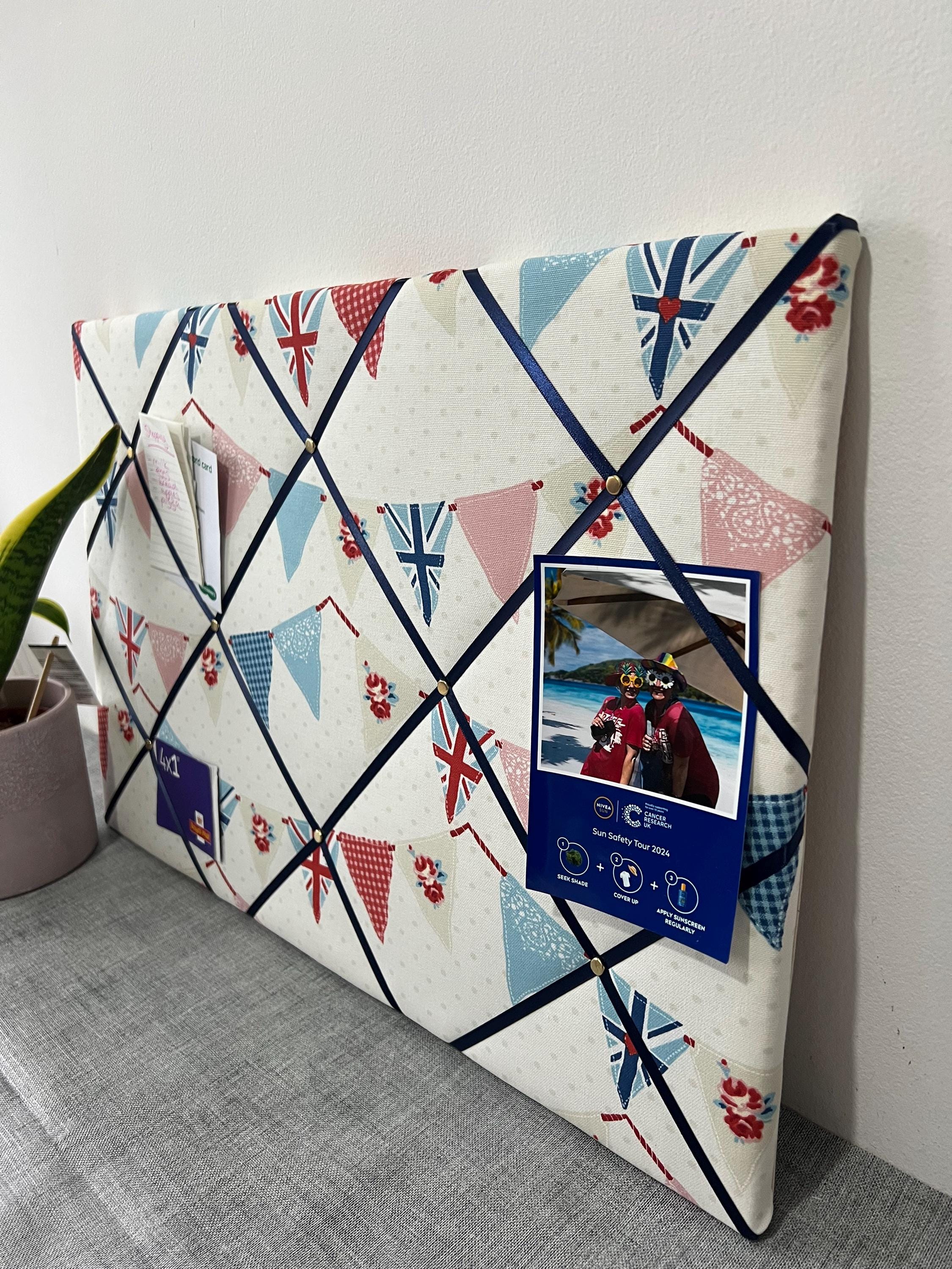Blue Union Jack Bunting Floral Fabric Notice Board - Handmade Memo or ...