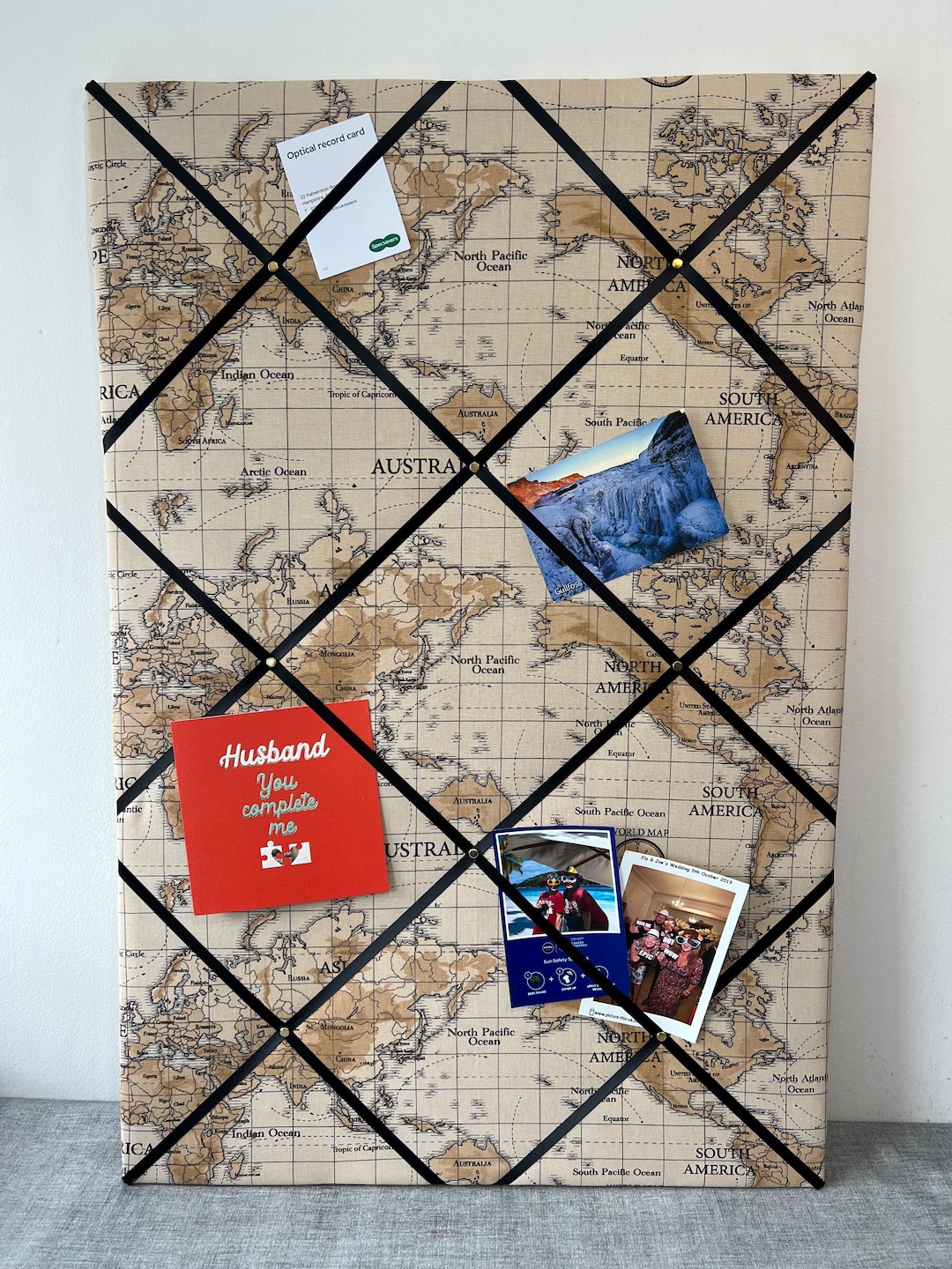 Atlas World Map Fabric Notice Board in Stone – Pin Your Travel Memories ...