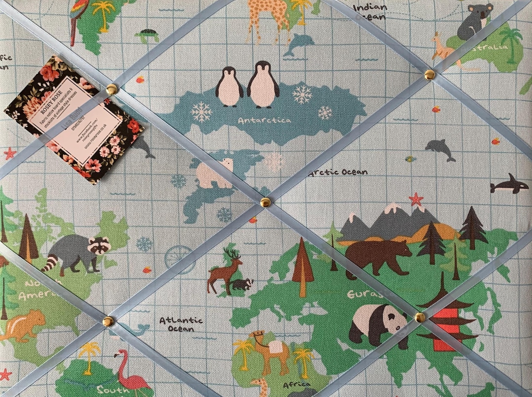 Animal Atlas World Map Globe Padded Fabric Notice Pin Board in Blue ...