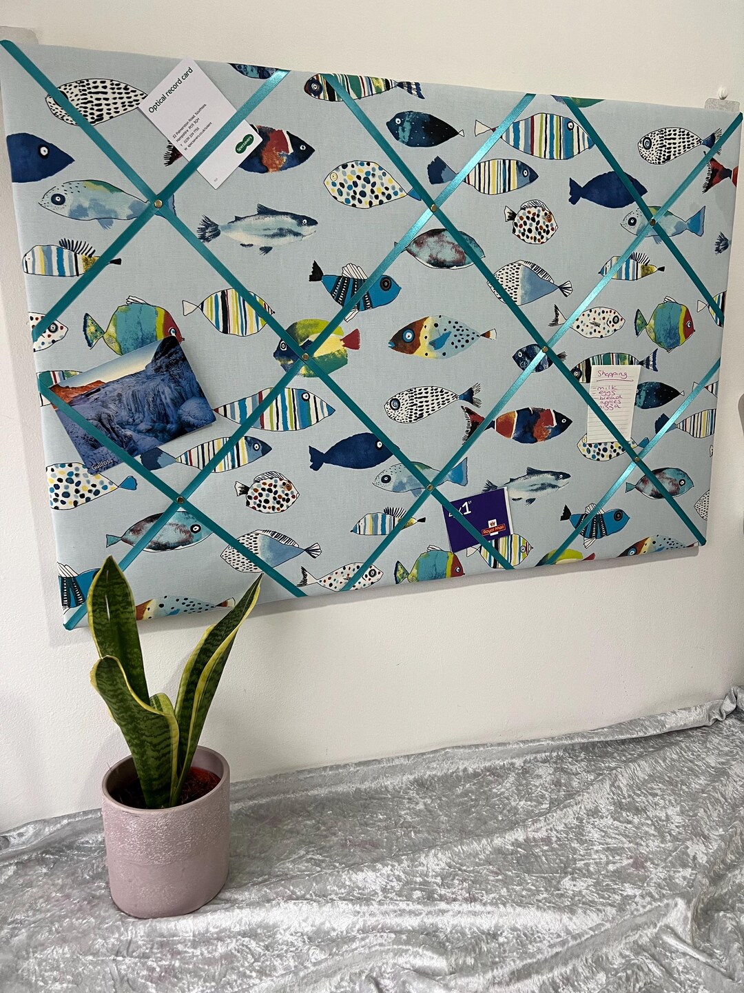 Gone Fishing Padded Fabric Notice Memo Board in Ocean Blue ...