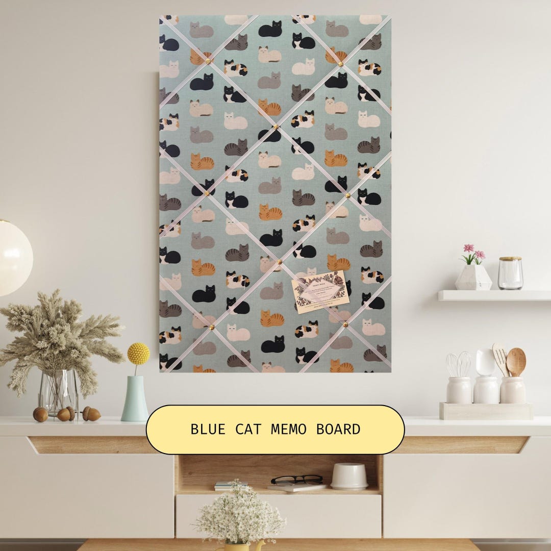 Cats on Blue Lightly Padded Fabric Notice Bulletin Memo Board - Black ...