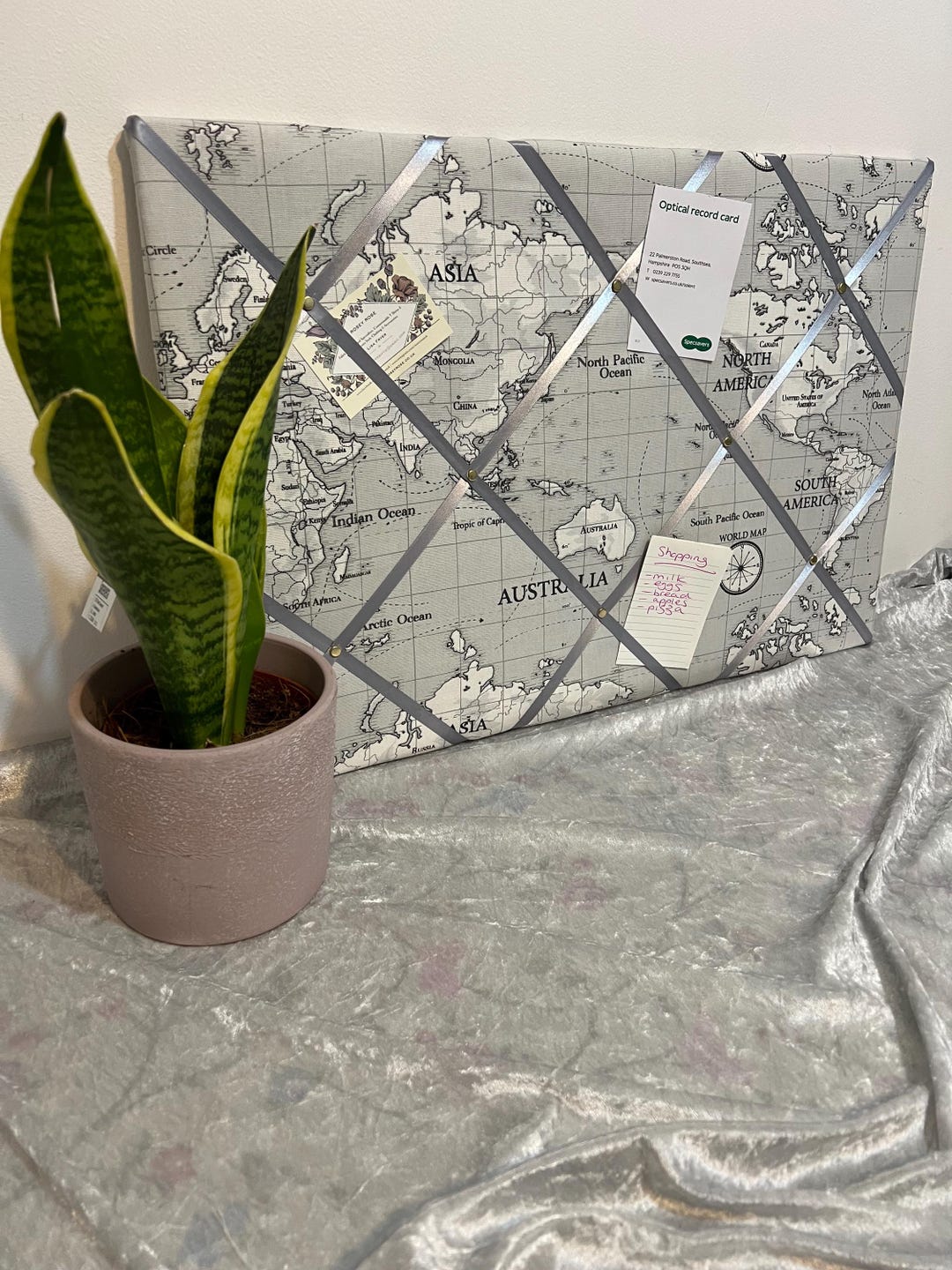 Grey Atlas World Map Lightly Padded Fabric Notice Bulletin Memo Board ...