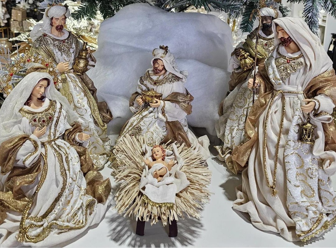 Gold Holy Family Nativity Creche Set | Cream & Gold Christmas Manger ...