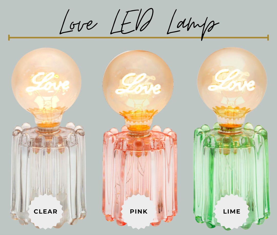 Art Deco Glass LED Love Table Lamp | Fun Pink Love Neon Sign Word Table ...