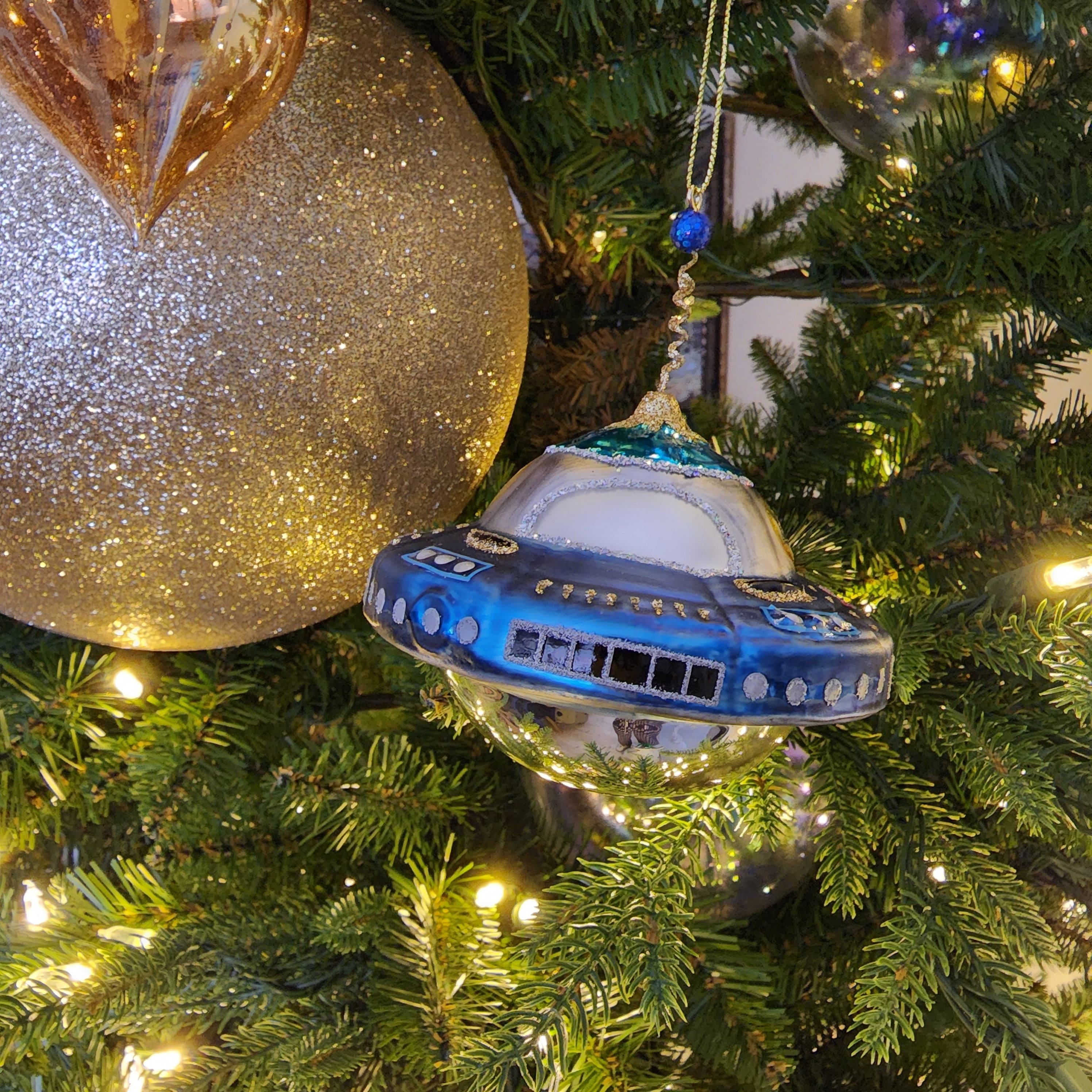 Blue & Silver Spaceship Hanging Christmas Tree Decoration, Kids Flying ...