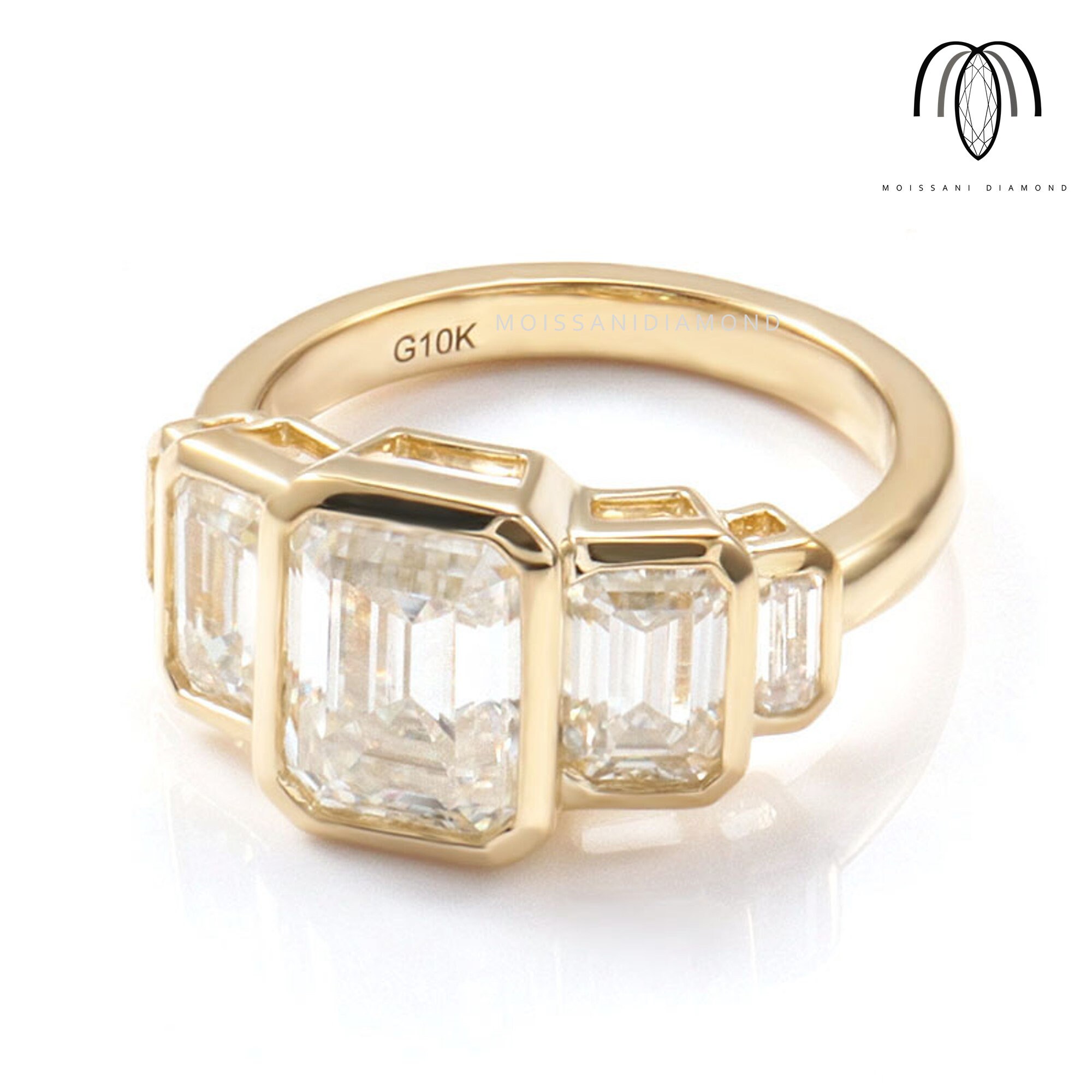Bezel Set Emerald Cut Moissanite Ring 14K Yellow Gold Five Stone ...