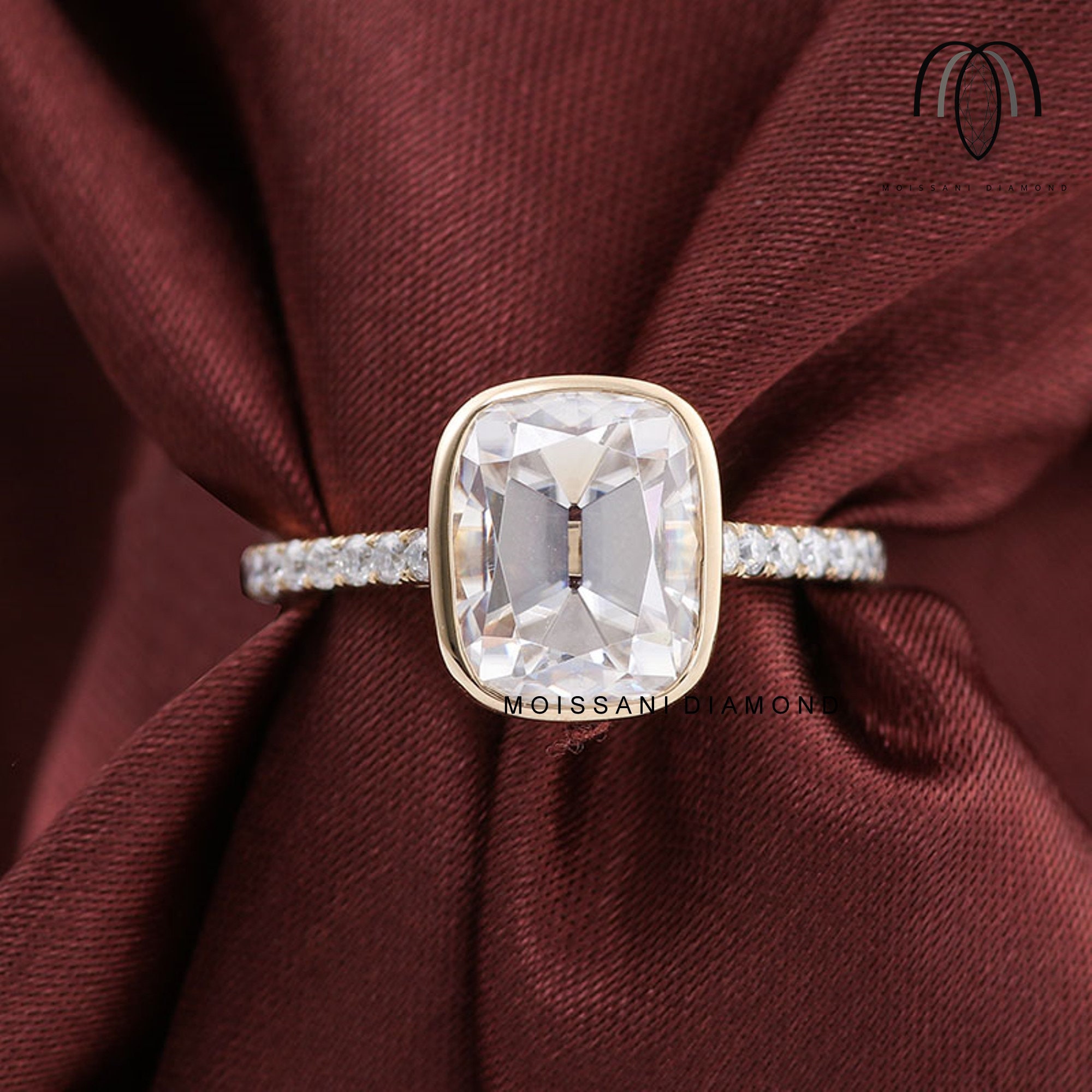 Bezel Set Old Mine Cut Moissanite Ring 14K Solid Gold Ring Elongated Cushion Moissanite ...