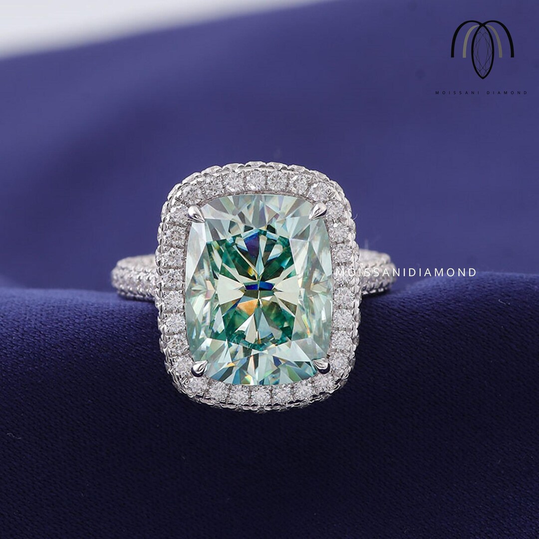 5 CT Cyan Blue Cushion Cut Moissanite Diamond Ring, Elongated Cushion ...