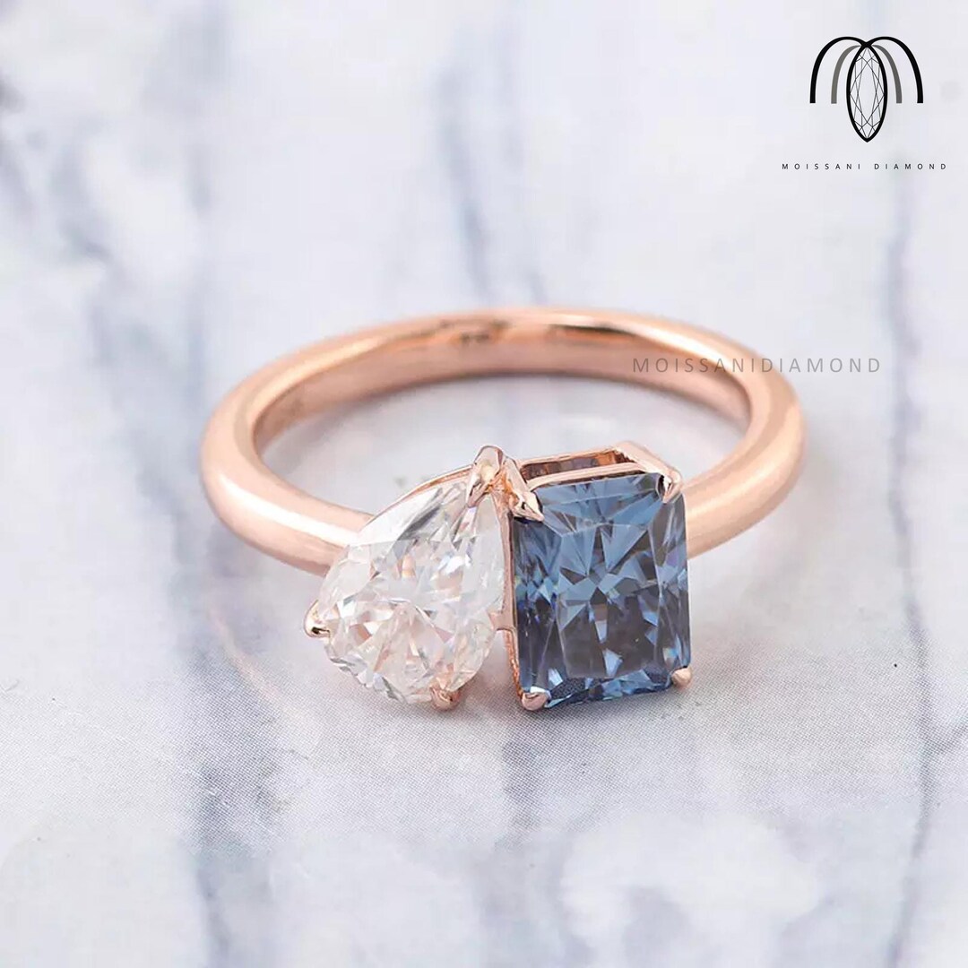 Royal Blue Moissanite Promise Ring, Engagement Ring, Two Stone Ring ...
