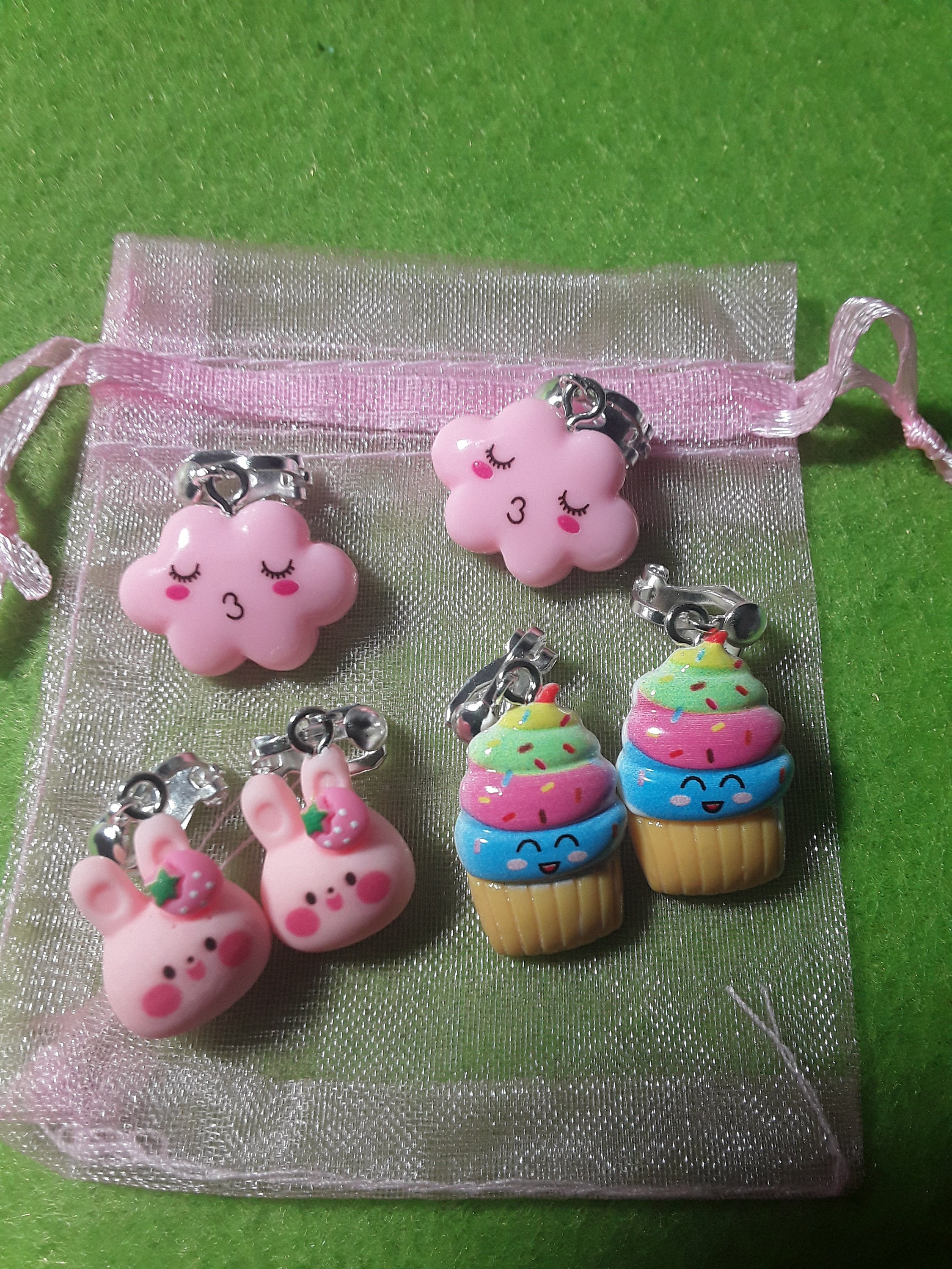 3 Pairs Cute Novelty Cartoon Childrens Clip on Earrings, Kitsch Kawaii ...