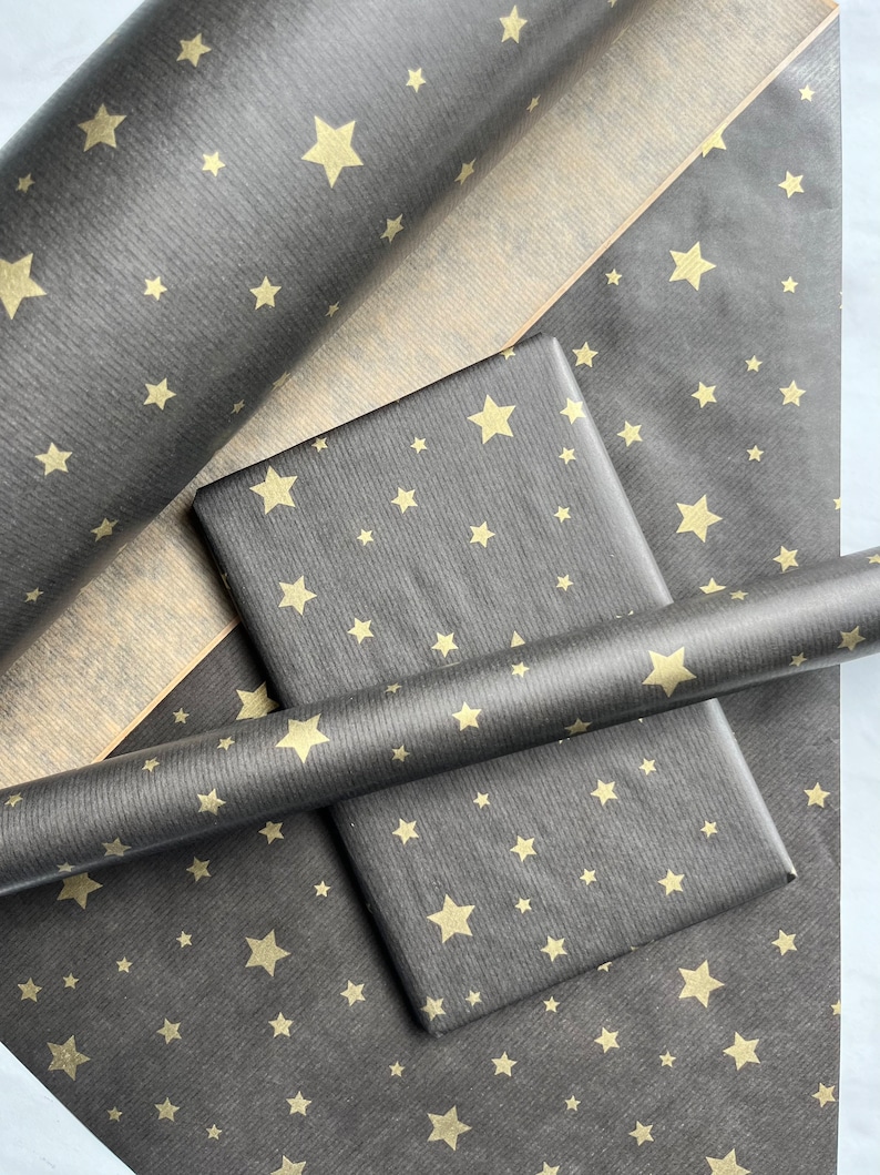 Christmas Wrapping Paper Black Gold Star 50CM Wide Eco Friendly, 100% ...