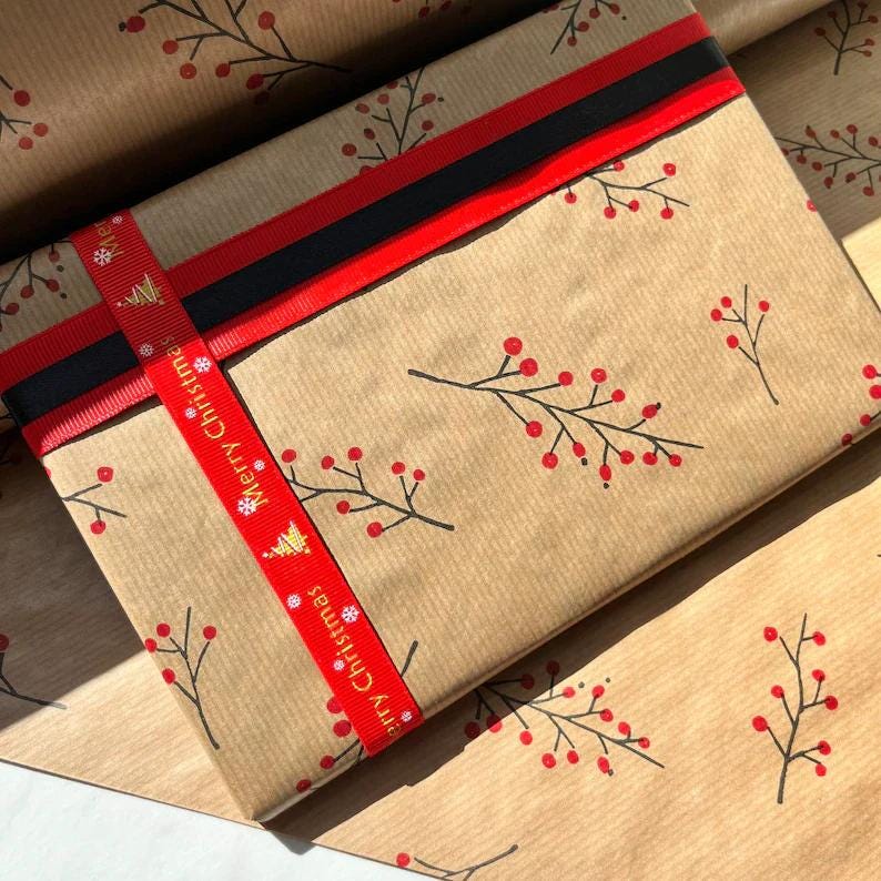 Christmas Wrapping Paper Red Berries 50CM Wide Eco Friendly, 100% ...